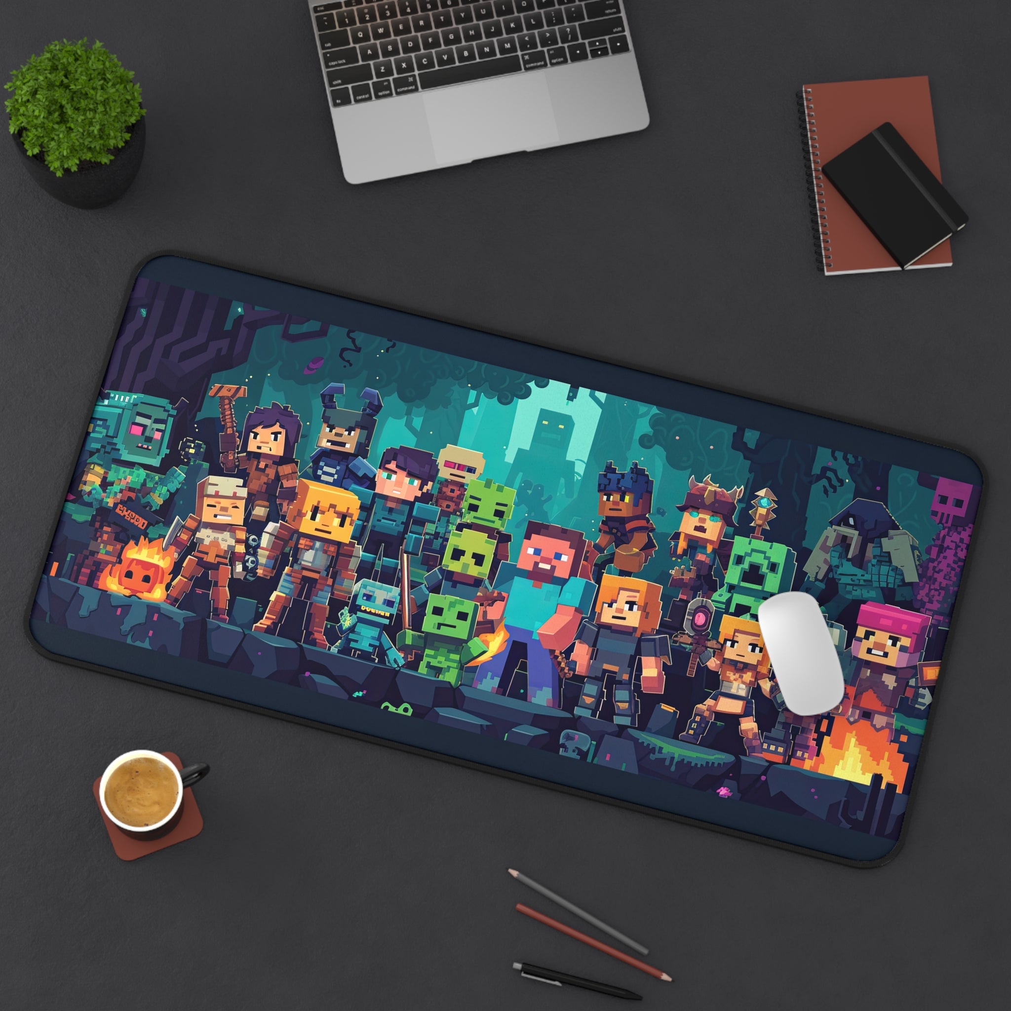 Minecraft Themed Characters at a Campfire Party Desk Mat Extended Gami ...